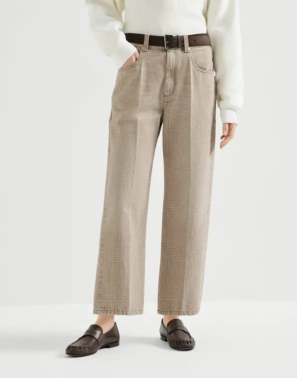 Brunello Cucinelli Prince Of Wales Denim Contemporary Square Trousers With Monili - Sand