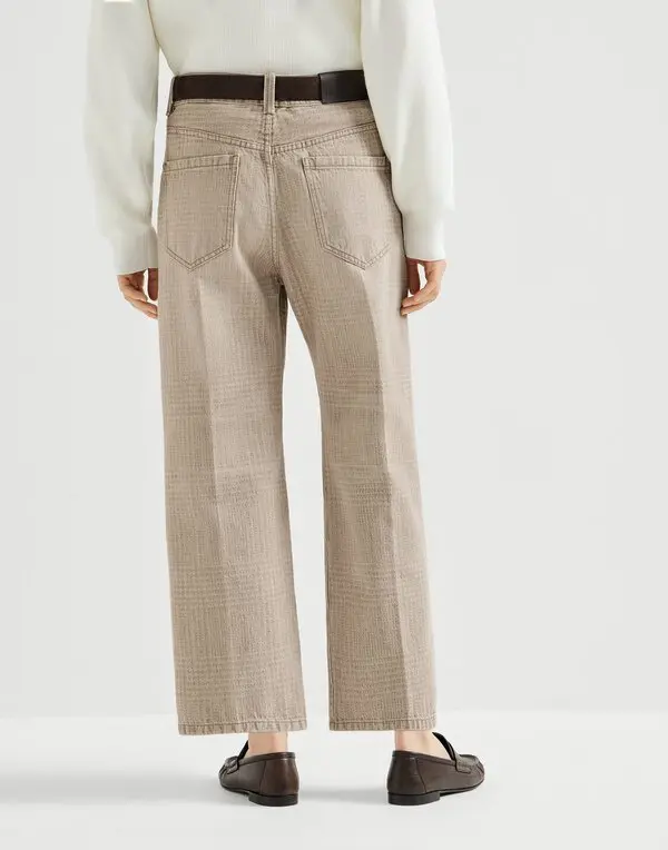 Brunello Cucinelli Prince Of Wales Denim Contemporary Square Trousers With Monili - Sand