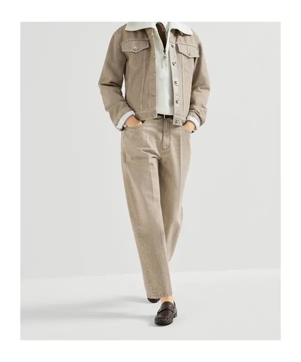 Brunello Cucinelli Prince Of Wales Denim Contemporary Square Trousers With Monili - Sand