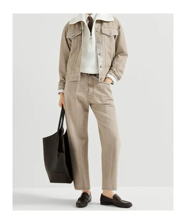 Brunello Cucinelli Prince Of Wales Denim Contemporary Square Trousers With Monili - Sand