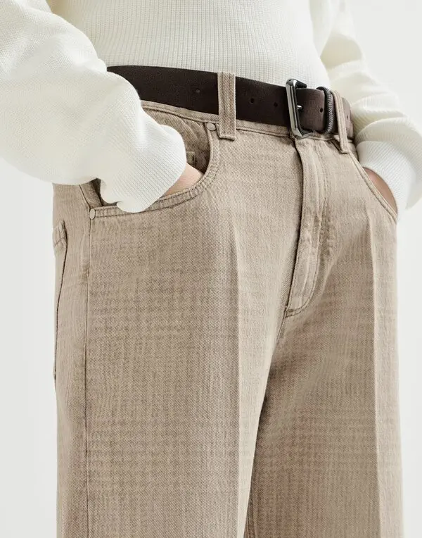 Brunello Cucinelli Prince Of Wales Denim Contemporary Square Trousers With Monili - Sand