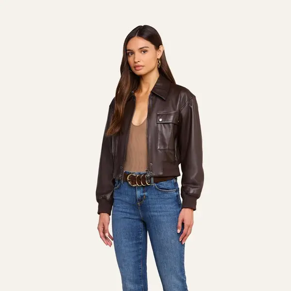 L'Agence Clotilde Cropped Leather Bomber Jacket