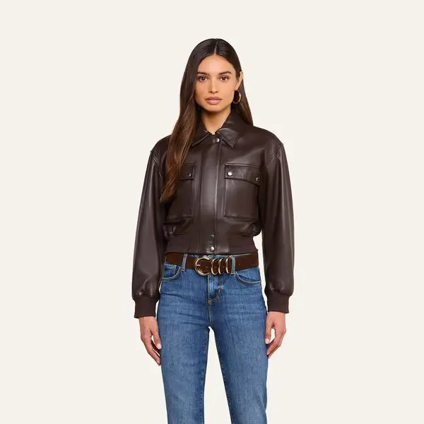 L'Agence Clotilde Cropped Leather Bomber Jacket - Brunette