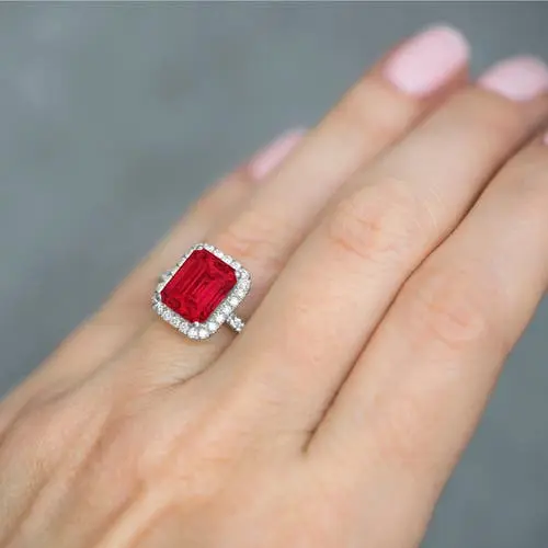 ALLUREZ Emerald Cut Ruby And Diamond Engagement Ring In 14k White Gold