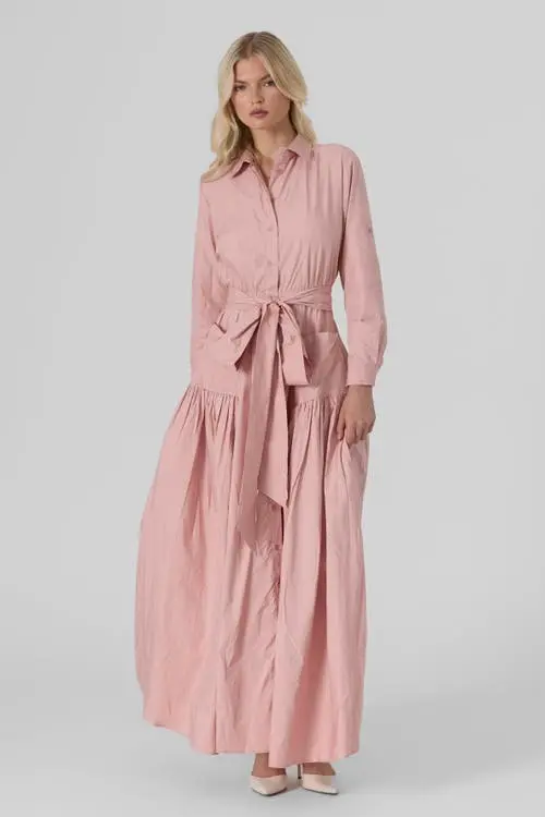 LE FAFO Bella Belted Taffeta Maxi Dress
