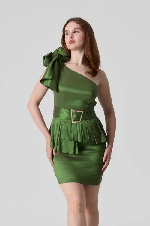 LE FAFO One Shoulder Belted Short Dress