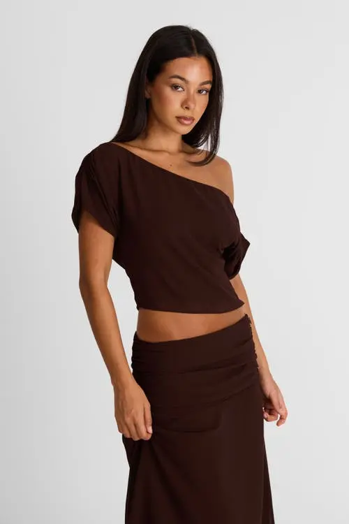 SASHA THERESE Margot Off-shoulder Chiffon Top - Chocolate