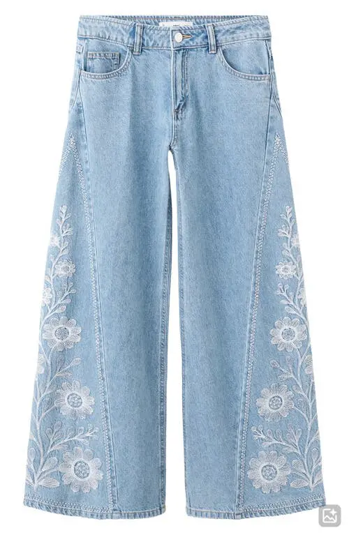 Mango Embroidered Wide Leg Jeans