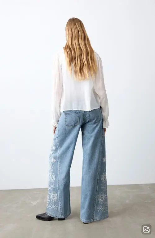 Mango Embroidered Wide Leg Jeans