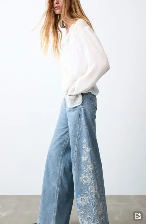Mango Embroidered Wide Leg Jeans