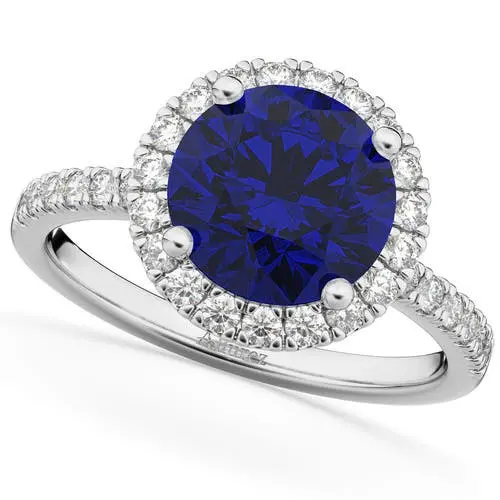 ALLUREZ Halo Blue Sapphire And Diamond Engagement Ring In 14k White Gold - 2.80ct/white Gold
