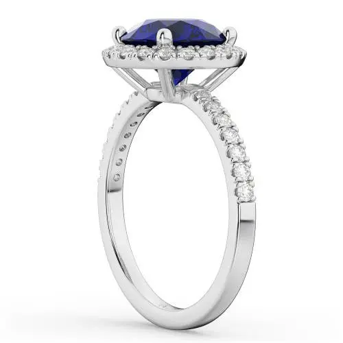 ALLUREZ Halo Blue Sapphire And Diamond Engagement Ring In 14k White Gold
