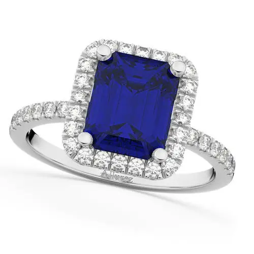 ALLUREZ Emerald Cut Blue Sapphire And Diamond Halo Ring In 14k White Gold - 3.32ct/white Gold