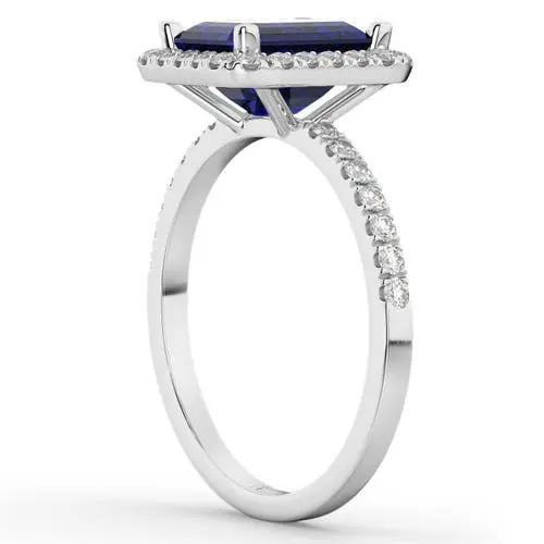 ALLUREZ Emerald Cut Blue Sapphire And Diamond Halo Ring In 14k White Gold