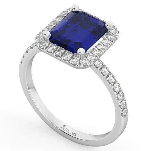ALLUREZ Emerald Cut Blue Sapphire And Diamond Halo Ring In 14k White Gold