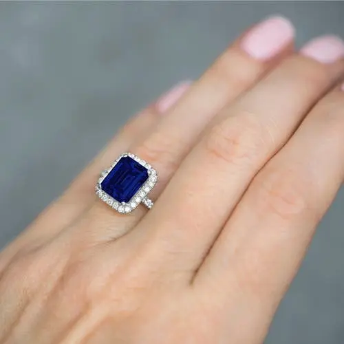 ALLUREZ Emerald Cut Blue Sapphire And Diamond Halo Ring In 14k White Gold
