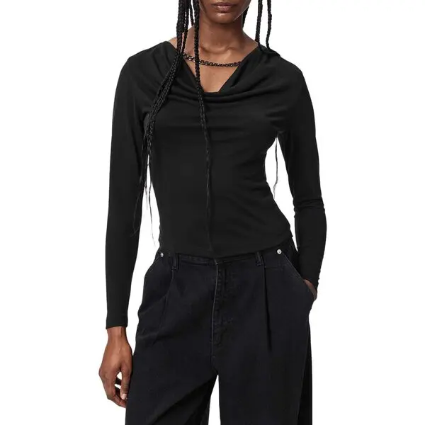 ALLSAINTS Hallie Long Sleeve Cowl Neck Top - Black