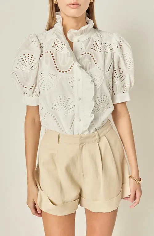 English Factory Embroidered Ruffle Eyelet Cotton Top