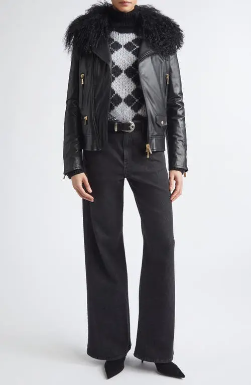 Eleventy Genuine Shearling Collar Leather Biker Jacket