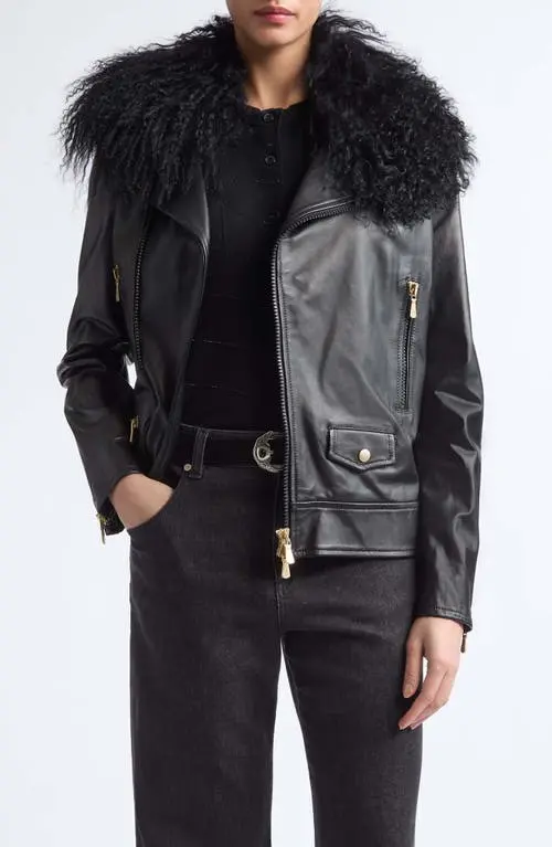 Eleventy Genuine Shearling Collar Leather Biker Jacket