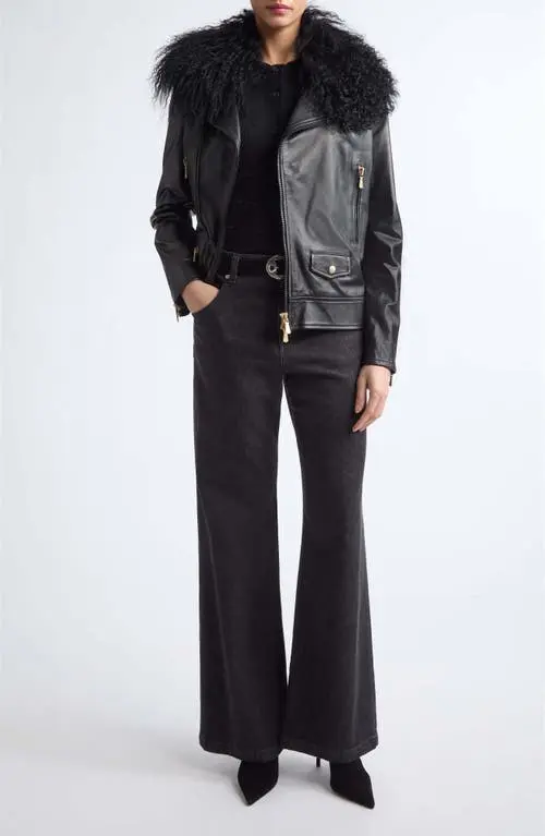 Eleventy Genuine Shearling Collar Leather Biker Jacket