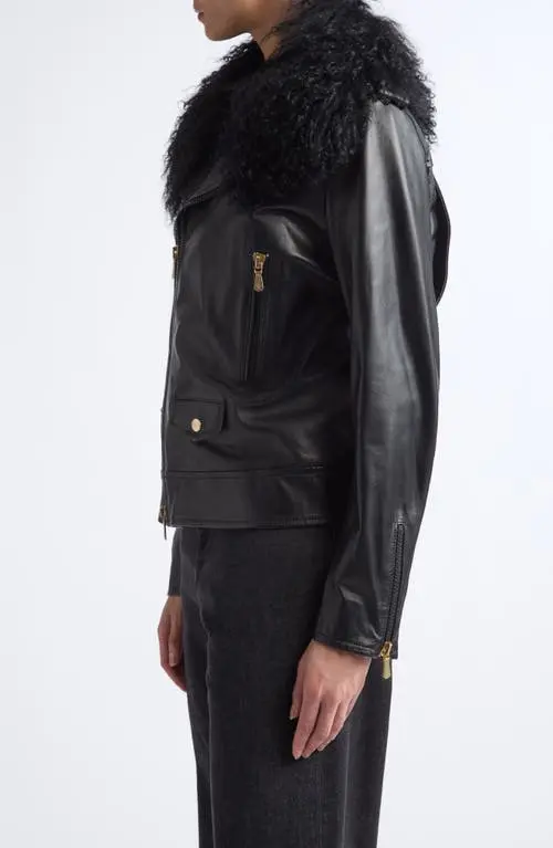 Eleventy Genuine Shearling Collar Leather Biker Jacket
