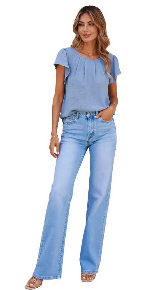 ZILPU Lightweight Pleated Flutter Sleeve Chiffon Blouse - Blue