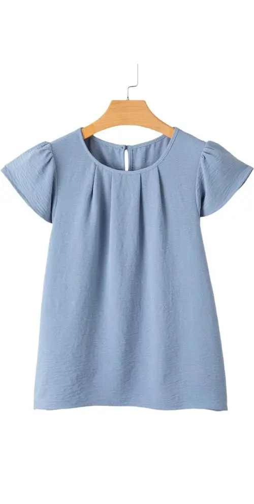 ZILPU Lightweight Pleated Flutter Sleeve Chiffon Blouse - Blue