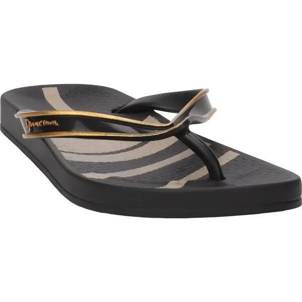 Ipanema Anatomica Linea Metallic Trim Flip Flops - Black/black/beige