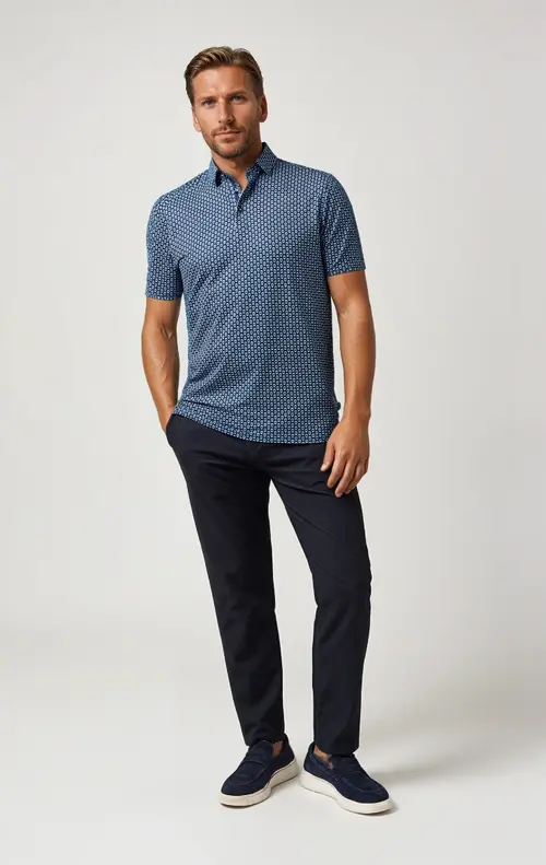 Stone Rose Skull Print Techno Stretch Polo - Dark Navy