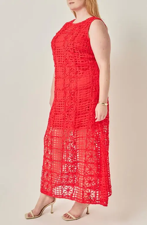 Endless Rose Sleeveless Textured Floral Lattice Maxi Dress - Red