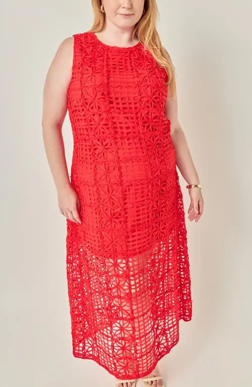 Endless Rose Sleeveless Textured Floral Lattice Maxi Dress - Red