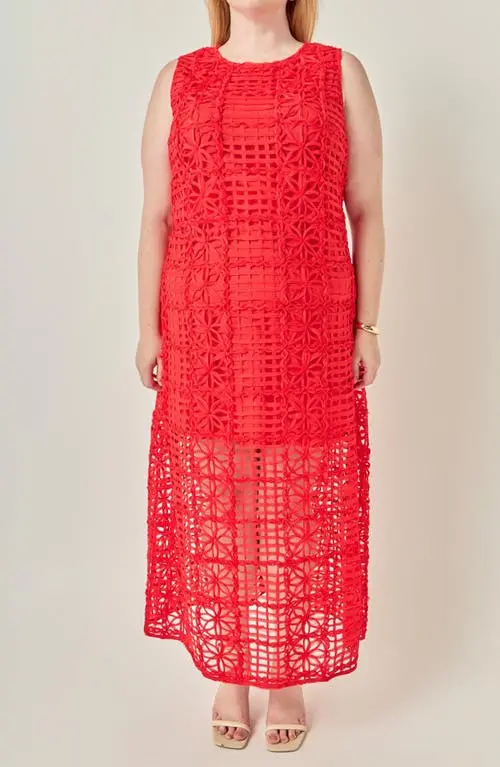 Endless Rose Sleeveless Textured Floral Lattice Maxi Dress - Red