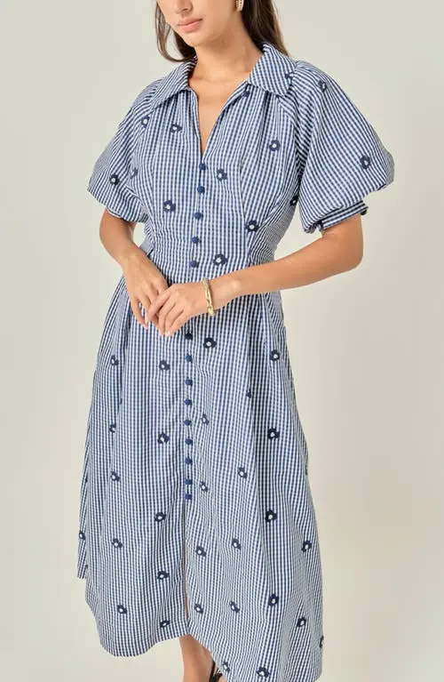 English Factory Embroidered Gingham Shirt Midi Dress