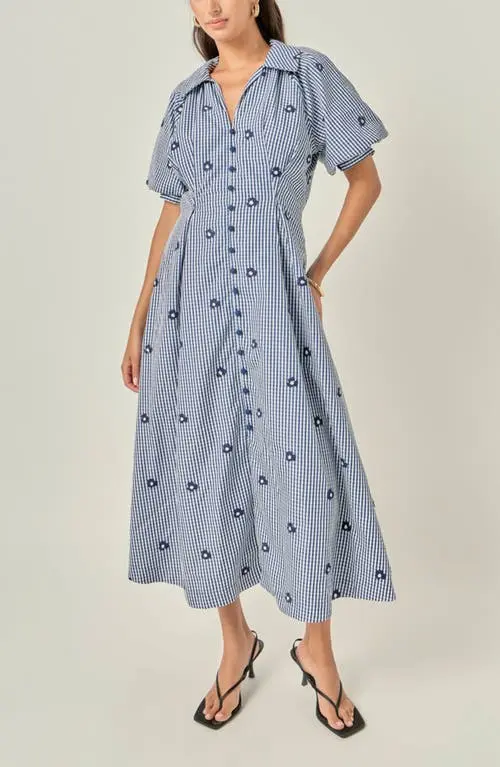English Factory Embroidered Gingham Shirt Midi Dress