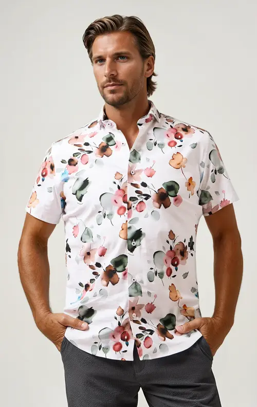 Stone Rose Tencel Stretch Watercolor Floral Ss Button-up Shirt