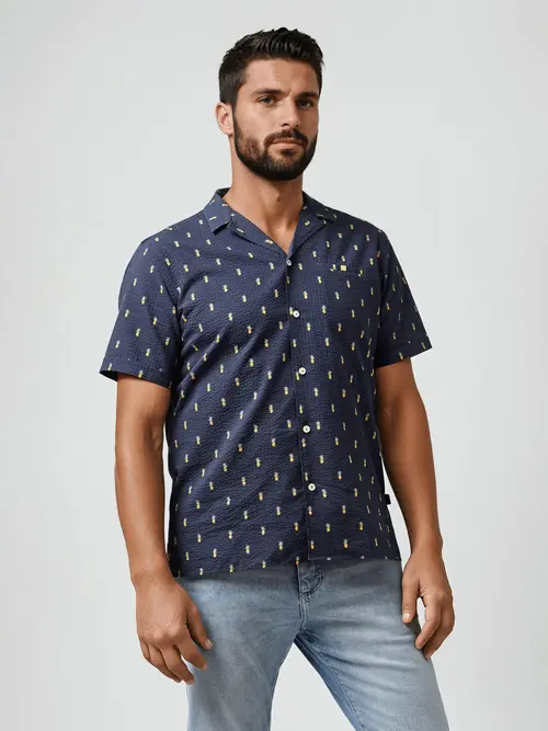 Stone Rose Seersucker Pineapple Print Resort Ss Button-up Shirt