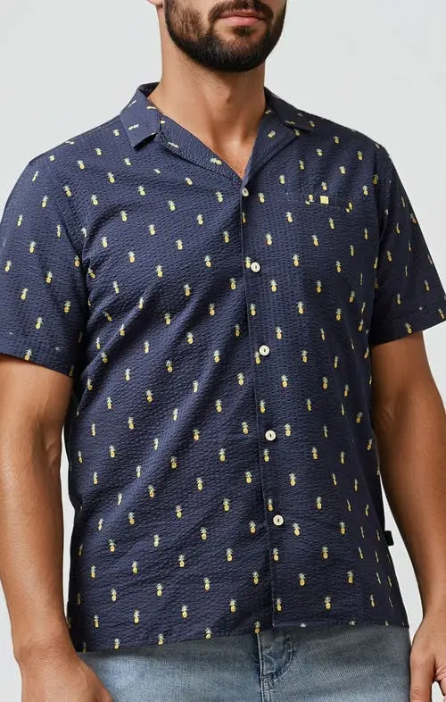 Stone Rose Seersucker Pineapple Print Resort Ss Button-up Shirt