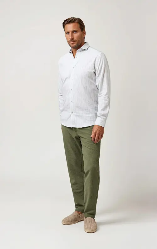 Stone Rose Linen Stripe Ls Button-up Shirt - Olive