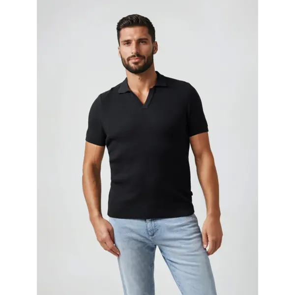 Stone Rose Pique Knit Johnny Collar Polo - Black