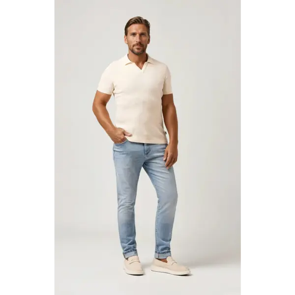 Stone Rose Pique Knit Johnny Collar Polo - Light Beige