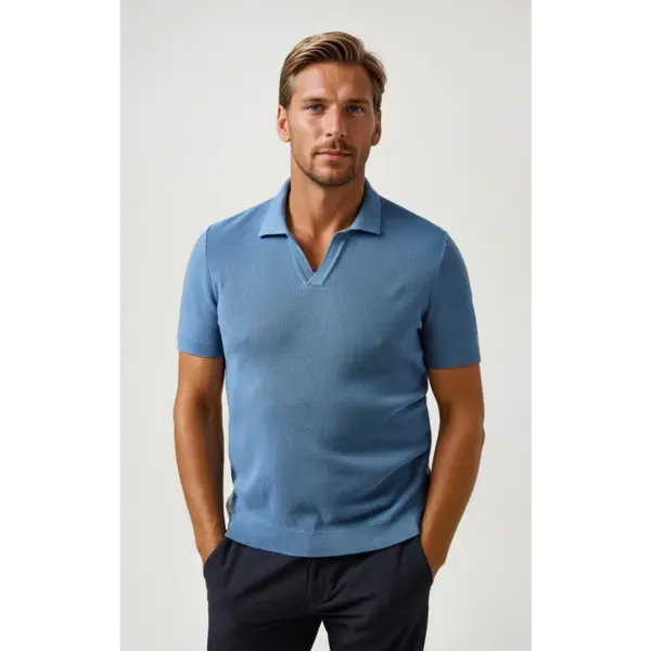 Stone Rose Pique Knit Johnny Collar Polo - Medium Blue