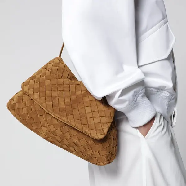 Bottega Veneta Giorno Bag In Amber Intrecciato Suede