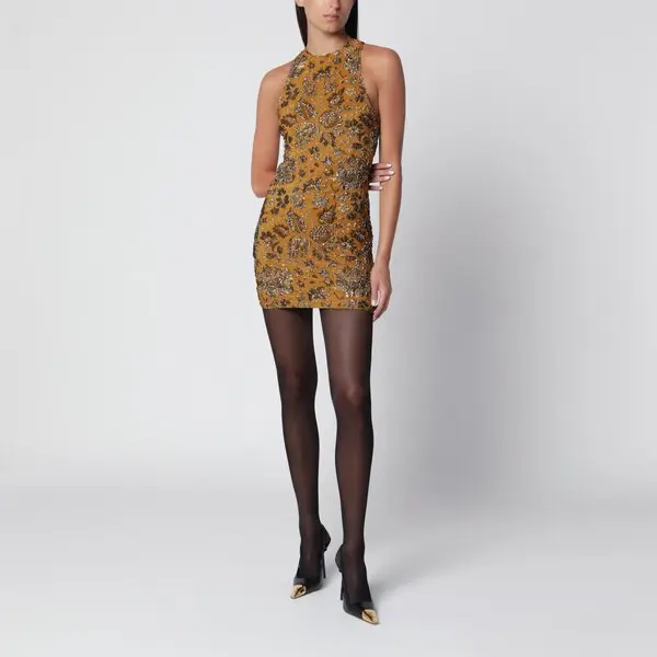 Saint Laurent Mini Dress In Gold Stretch Brocade
