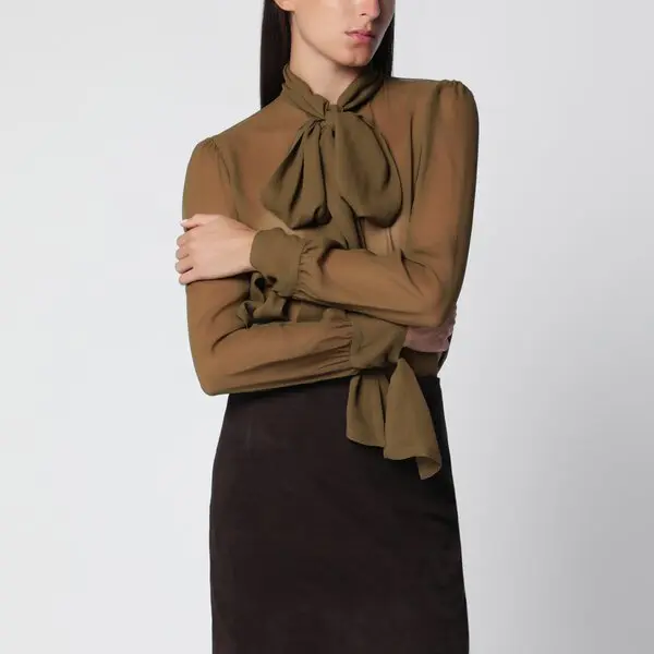 Saint Laurent Lavallière Blouse In Bronze Silk
