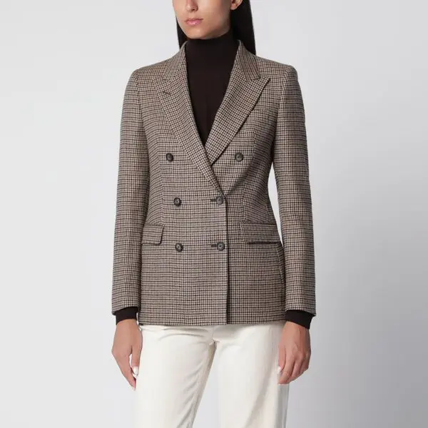 Tagliatore Double-breasted Tobacco-colored Jacket With Houndstooth Pattern In Wool Blend - Brown