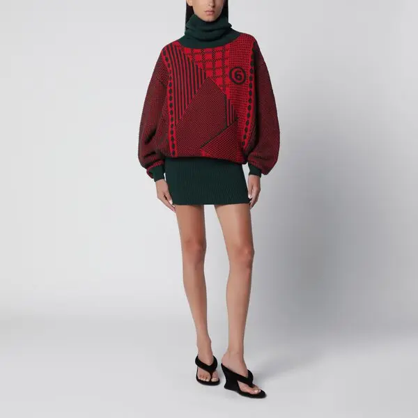 MAISON MARGIELA Forest Green Jacquard Knit Mini Dress - Red