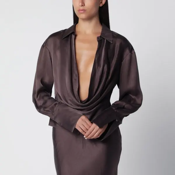 Andamane Deep Neckline Satin Shirt - Burgundy