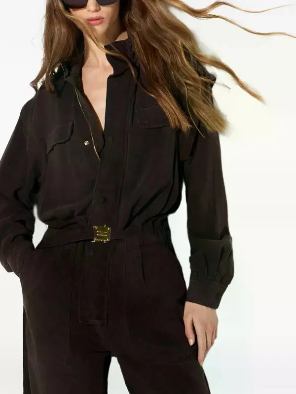 Elisabetta Franchi Oversized Denim Jumpsuit With Golden Buckles - Brown