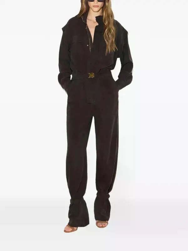 Elisabetta Franchi Oversized Denim Jumpsuit With Golden Buckles - Brown